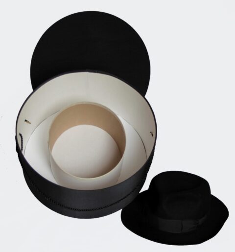 165IN Steel gray fabric hatbox with a black cording handle and hat ...